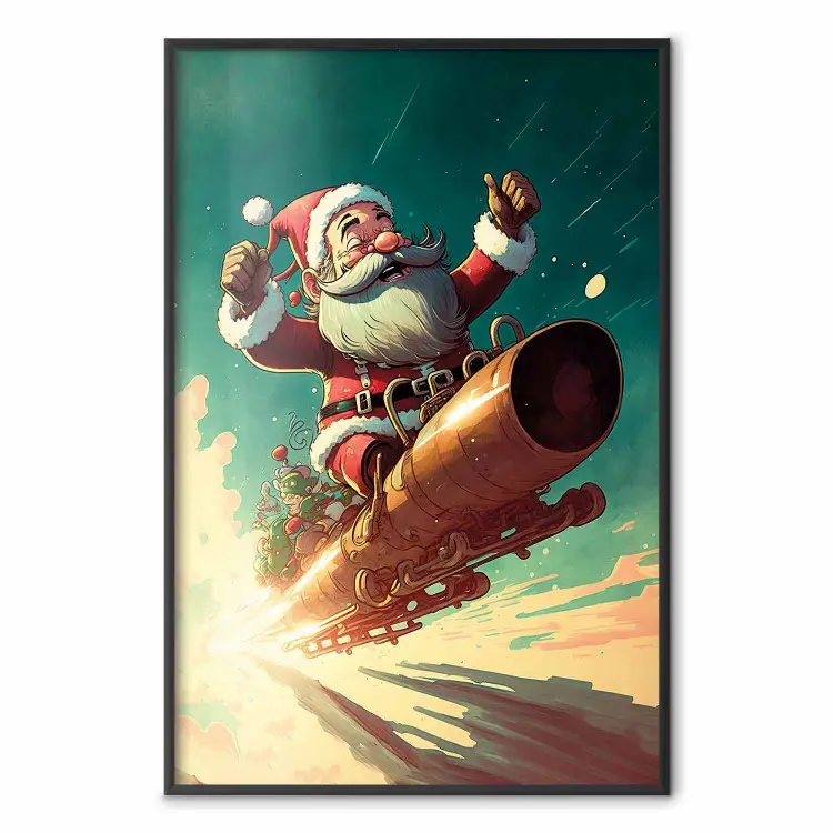 Wandposter Christmas Fever - Crazy Santa Flying in a Hurry on a Sleigh ...